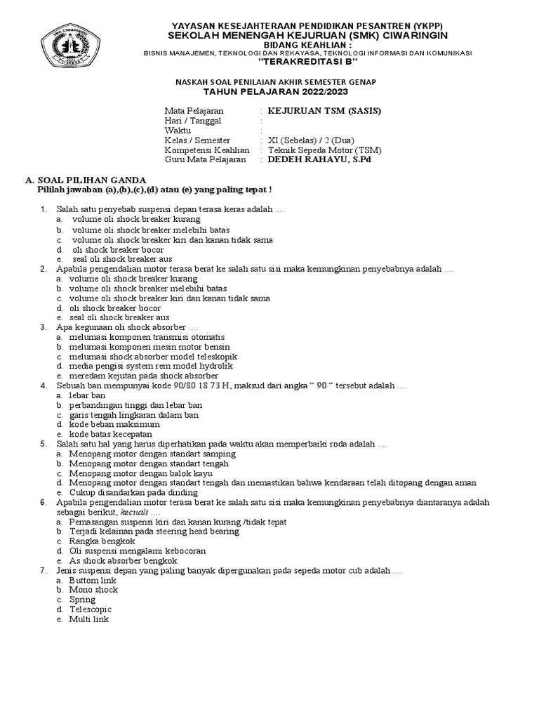 FORMAT SOAL - XI - KEJURUAN TSM - Sasis - PAT - 2023 - DedehRhy | PDF