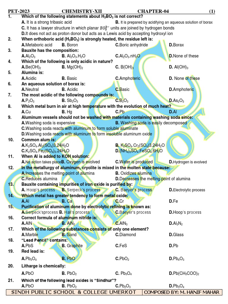 Chemistry XII Chapter 4 Questions & Answers | PDF | Hydroxide | Aluminium