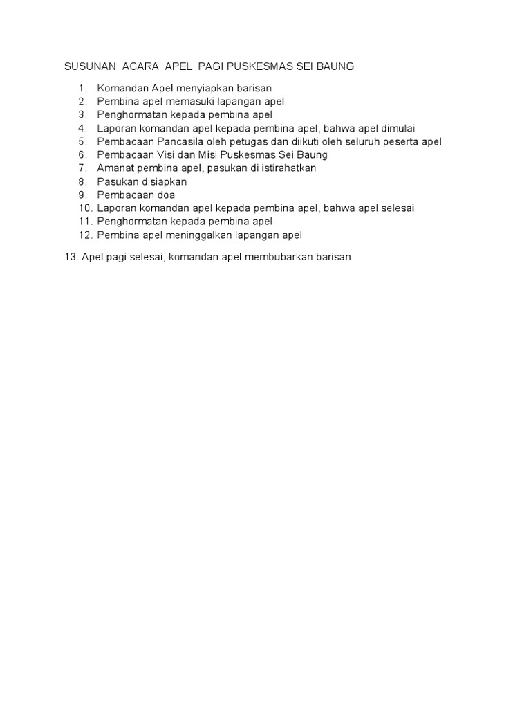 Susunan Acara Apel Pagi Puskesmas Sei Baung | PDF | Kajian Bahasa Asing ...