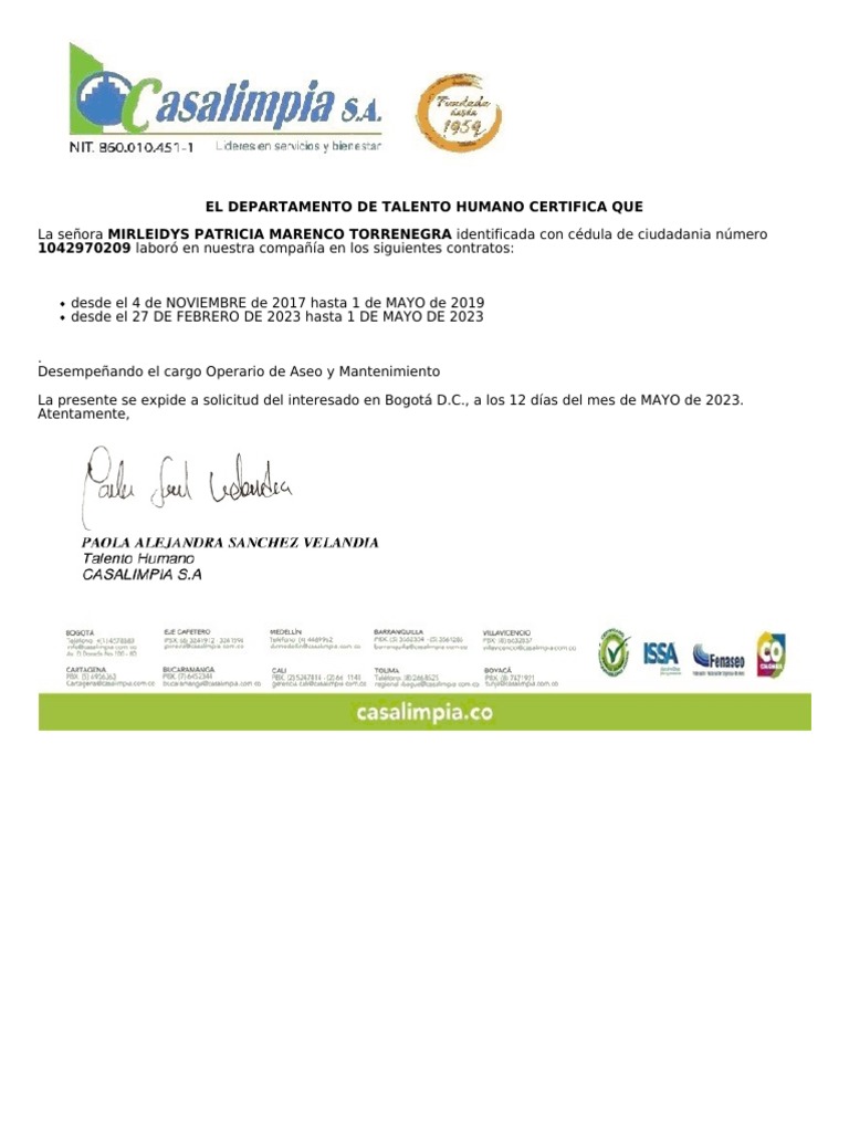 El Departamento de Talento Humano Certifica Que 1042970209 Laboró en ...