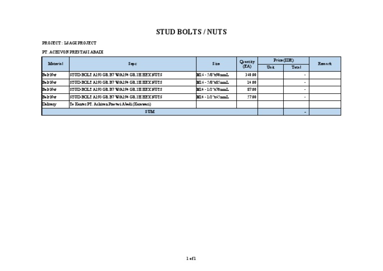Bill of Material-Bolts - Nuts | PDF