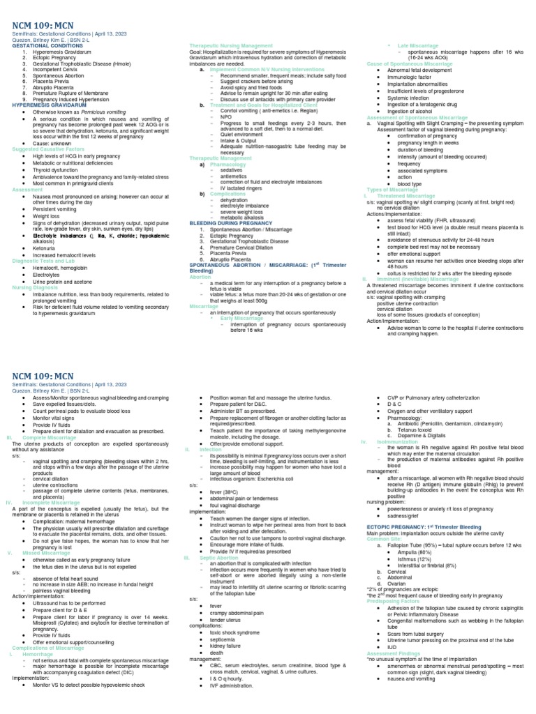 NCM 109 MCN Semifinals Gestational Conditions | PDF | Miscarriage | Pregnancy