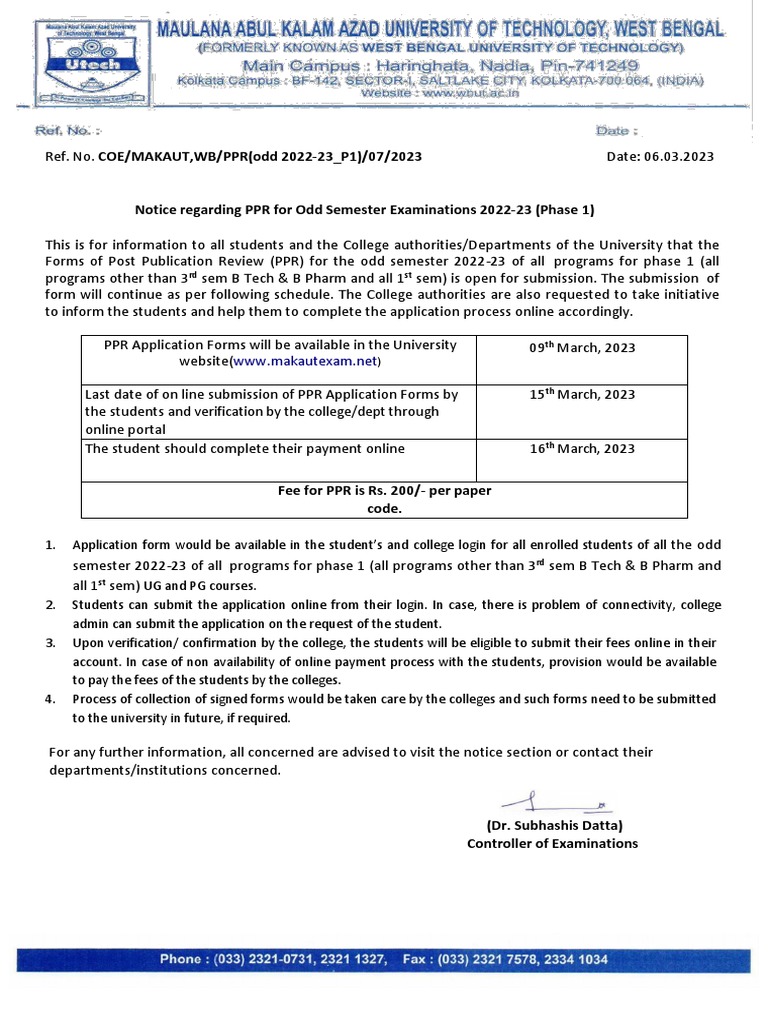 Notice On PPR For Odd Sem 2022-23 - Phase1 - 060323 PDF | PDF