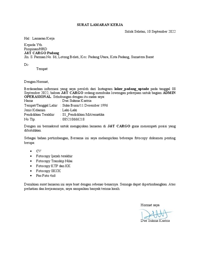 Surat Lamaran Kerja J&T | PDF