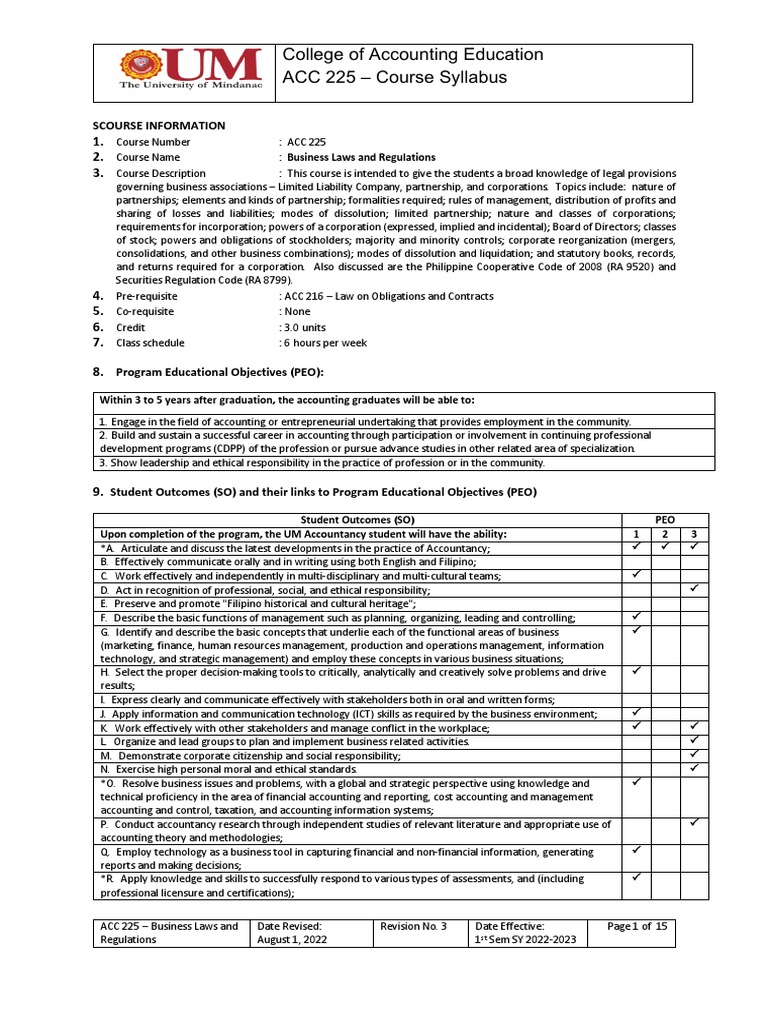 ACC 225 Business Laws and Regulations Syllabus | PDF