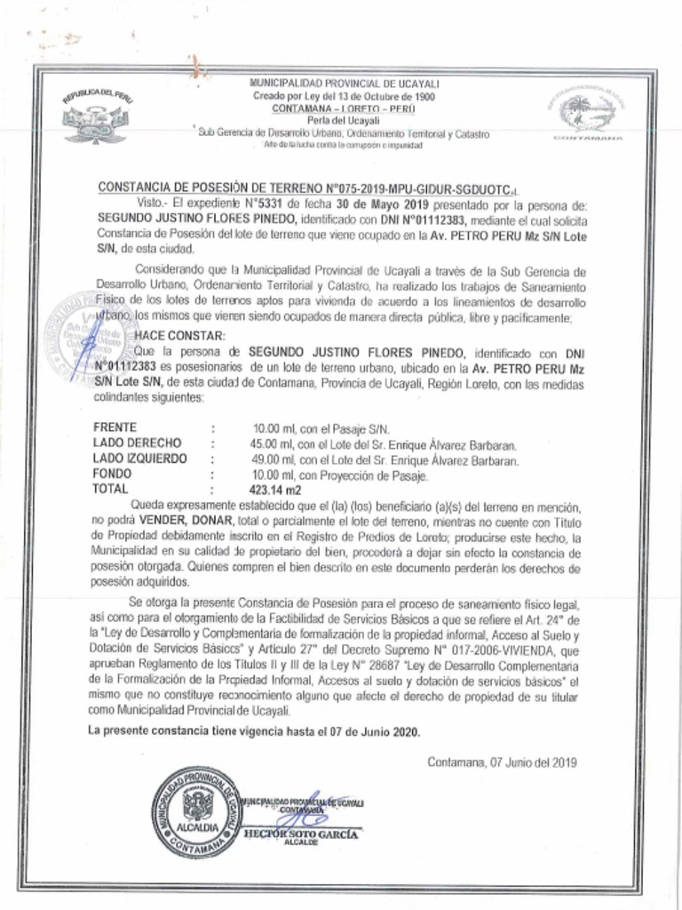 Constancia de Posesion de Terreno | PDF