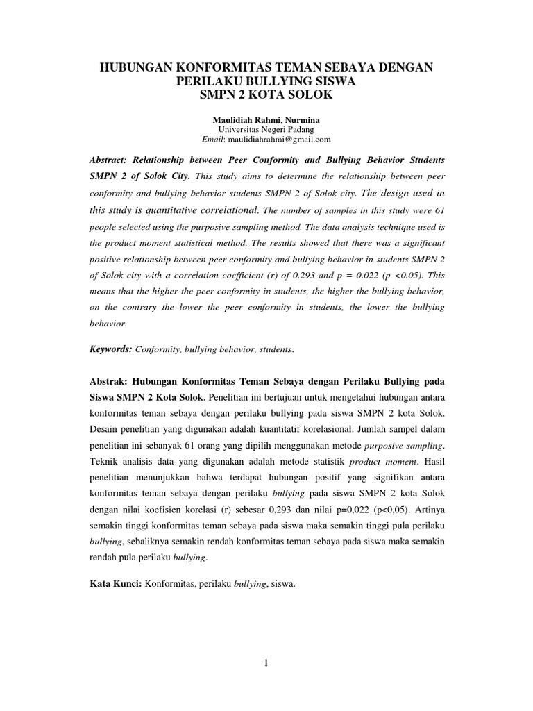 Hubungan Konformitas Teman Sebaya Dengan Perilaku Bullying Siswa SMPN 2 Kota Solok | PDF