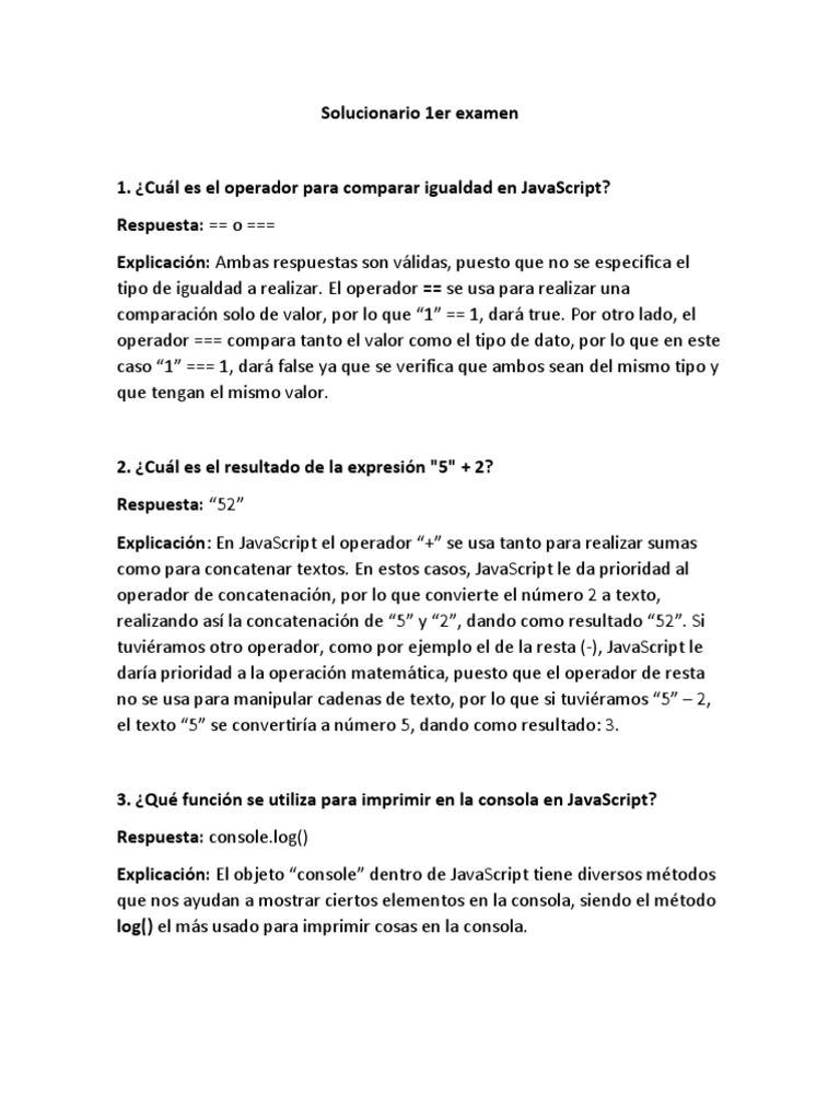 Solucionario completo para el primer examen de JavaScript | PDF | Script Java | Protocolo de ...