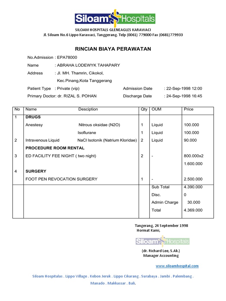 Rincian Biaya Perawatan Rs. Siloam 1 | PDF
