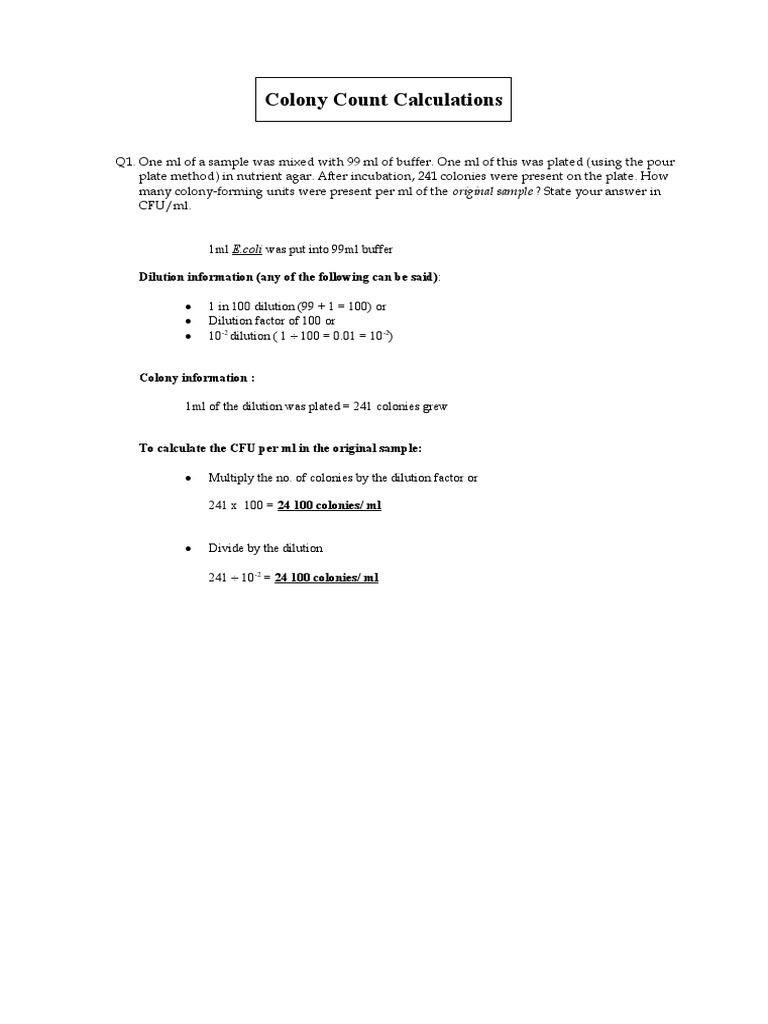CFU/ml Calculation Methods | PDF | Colony Forming Unit | Microbiology