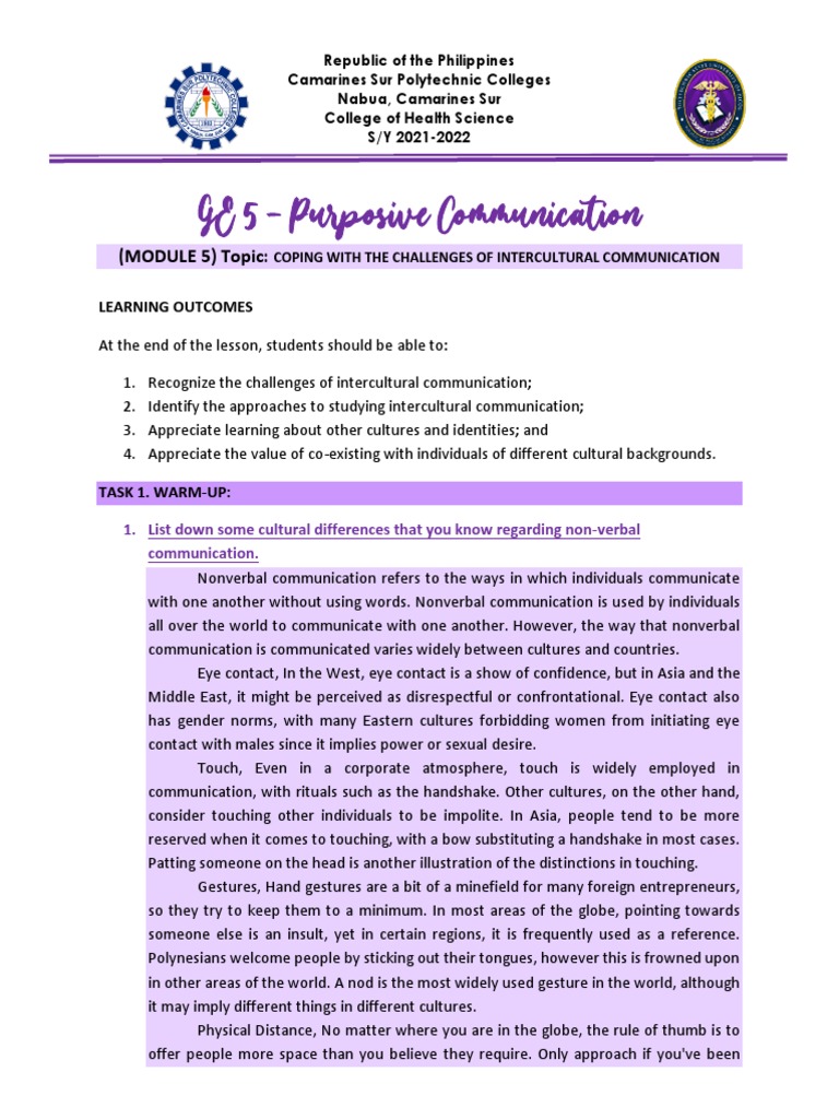 Purposive Com - Module 5 | PDF | Nonverbal Communication | Cross Cultural Communication