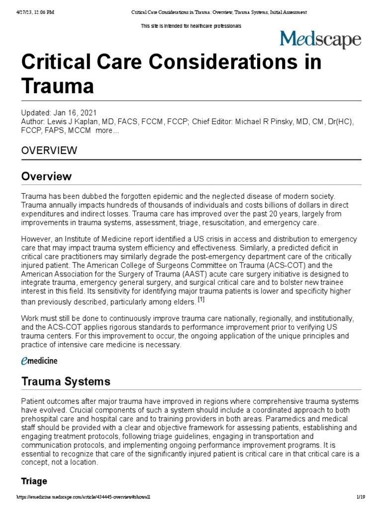 Critical Care Considerations in Trauma - Overview, Trauma Systems ...