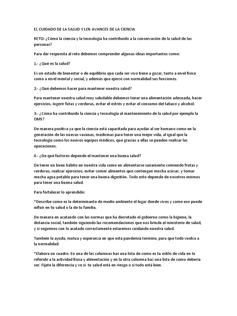 El Cuidado de La Salud y Los Avances de La Ciencia | PDF | Alimentos ...