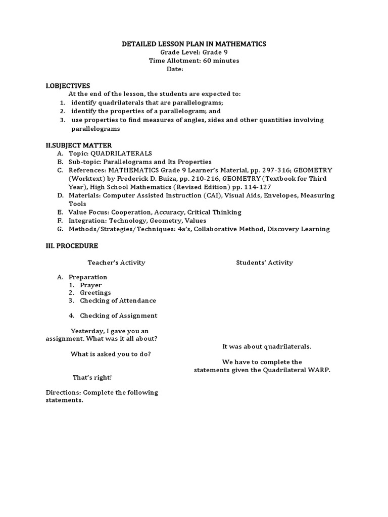 Lesson Plan Grade 9 Math | PDF | Rectangle | Triangle