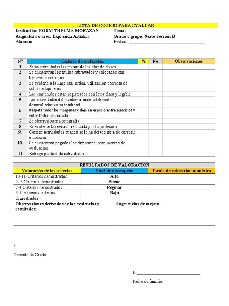 LISTA DE COTEJO PARA EVALUAR Cuaderno | PDF