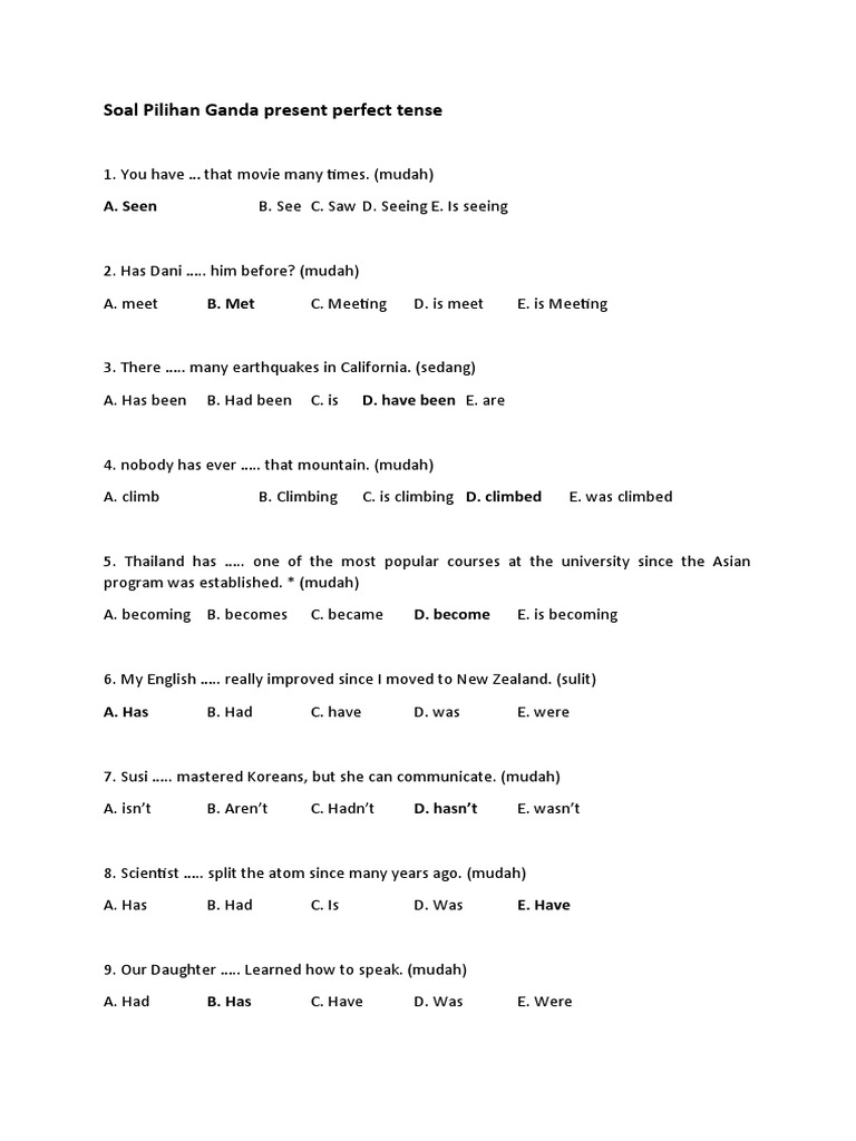 Soal PG Present Perfect Tense | PDF