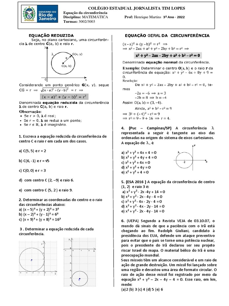 Equação Da Circunferencia Pdf Círculo Equações