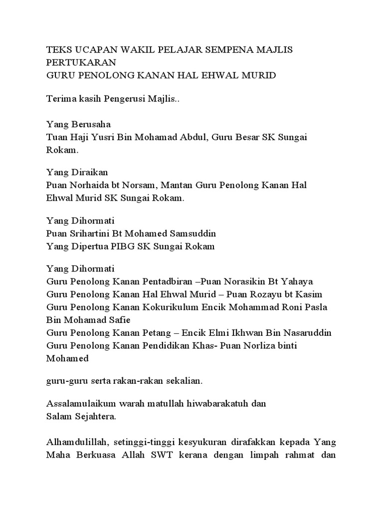 Teks Ucapan Wakil Pelajar Sempena Majlis Pertukaran | PDF