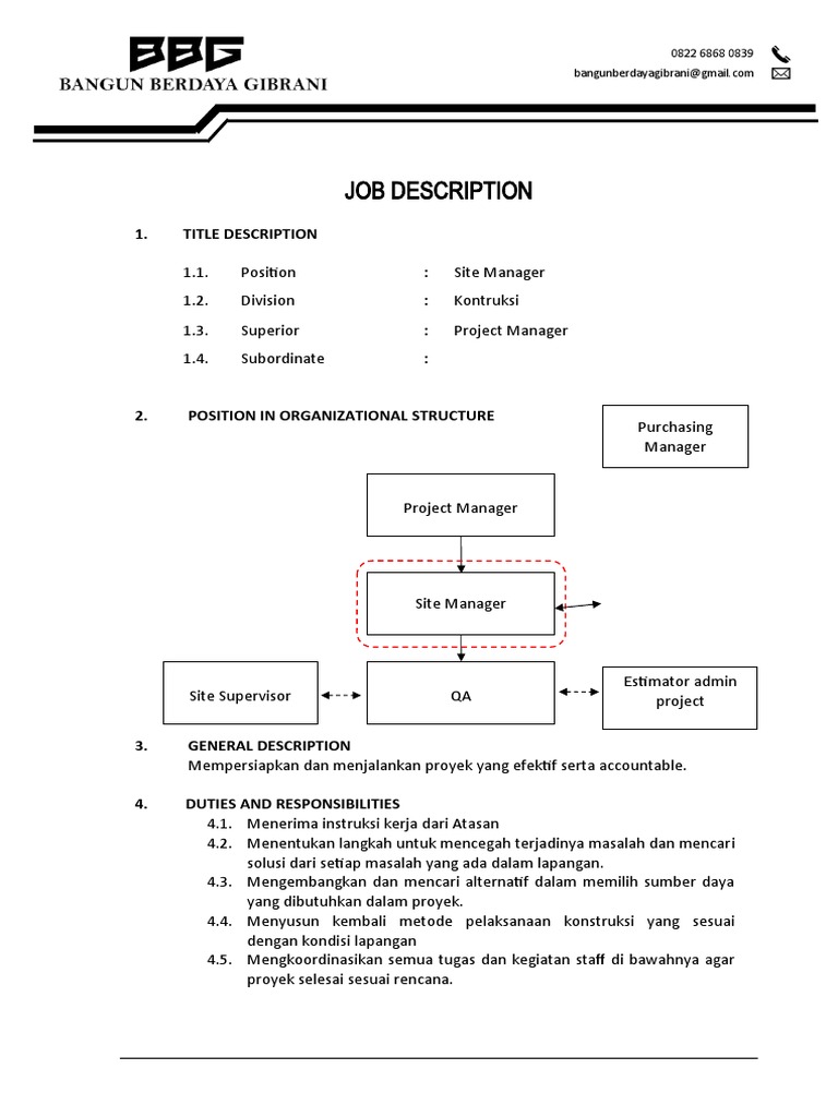 Job Description Team Konstruksi Site Manager | PDF | Seni