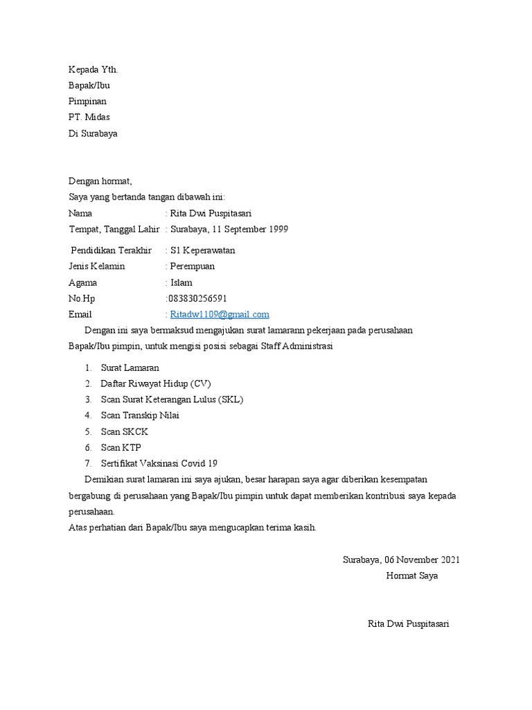 Surat Lamaran PT Midas | PDF