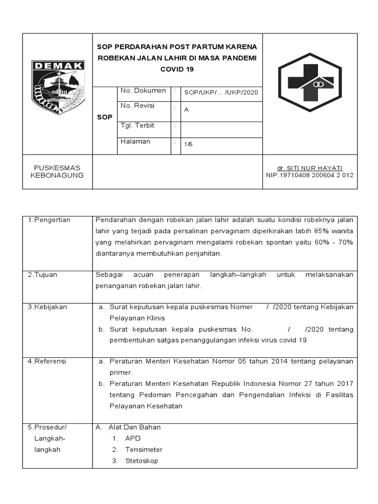 SOP Perdarahan Post Partum Karena Robekan Jalan Lahir Dimasa Pandemi Covid 19 | PDF