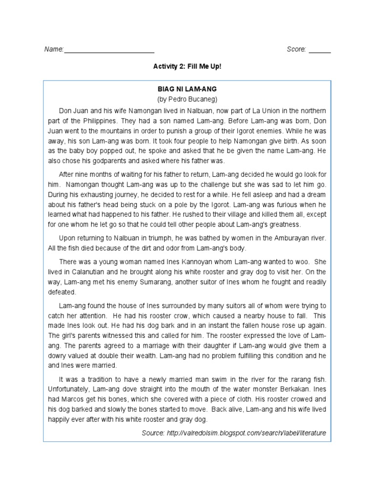 Biag Ni Lam-ang Worksheet | PDF