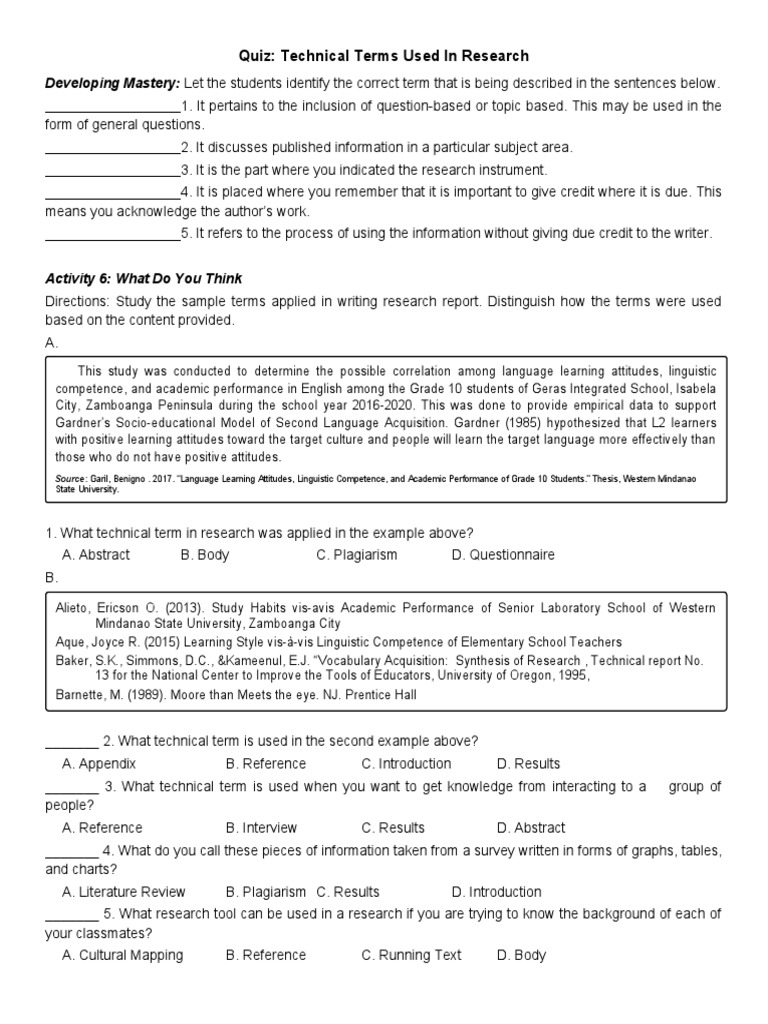 Quiz - Technical Terms Used in Research | PDF | Cognitive Psychology ...