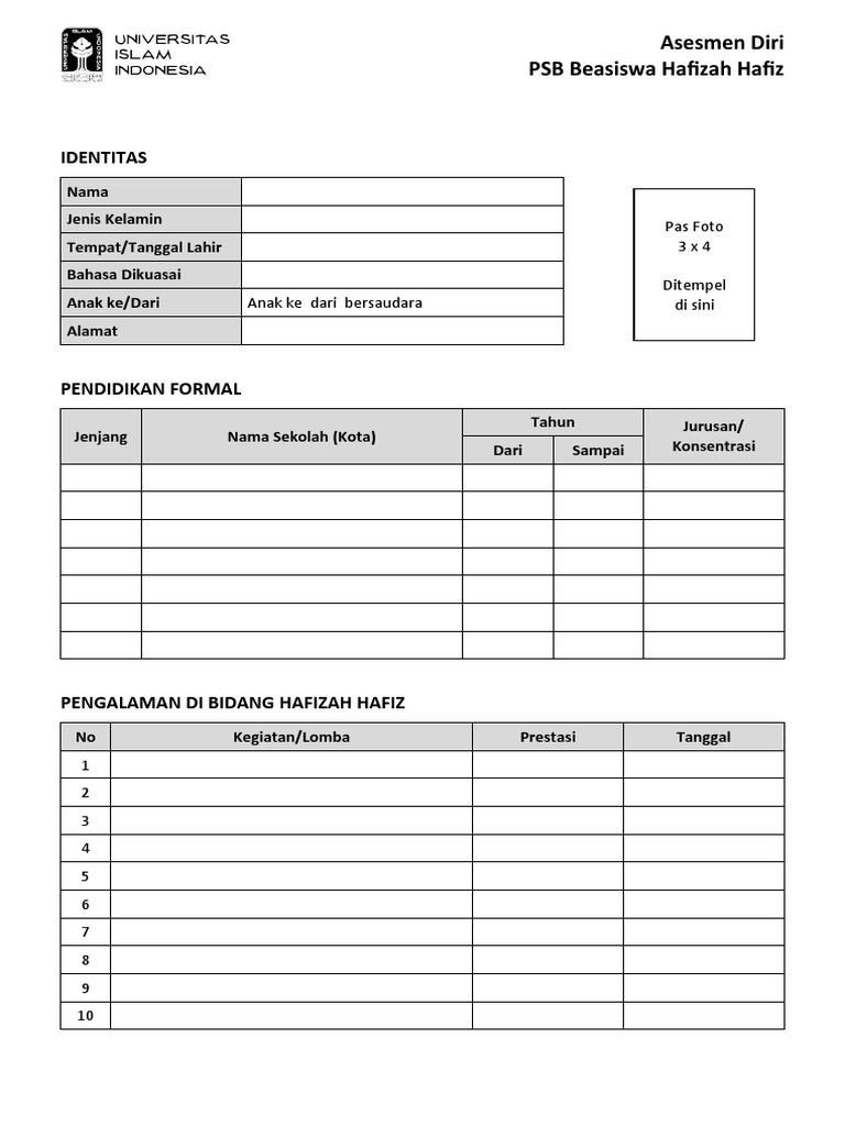Form Asesmen Diri PSB Beasiswa Hafizah Hafiz | PDF