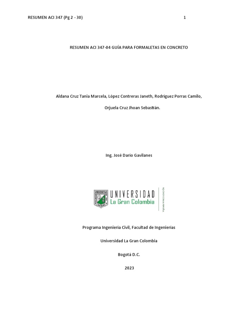 Resumen ACI 347-04: Encofrado en Concreto | PDF | Hormigón | Arquitecto