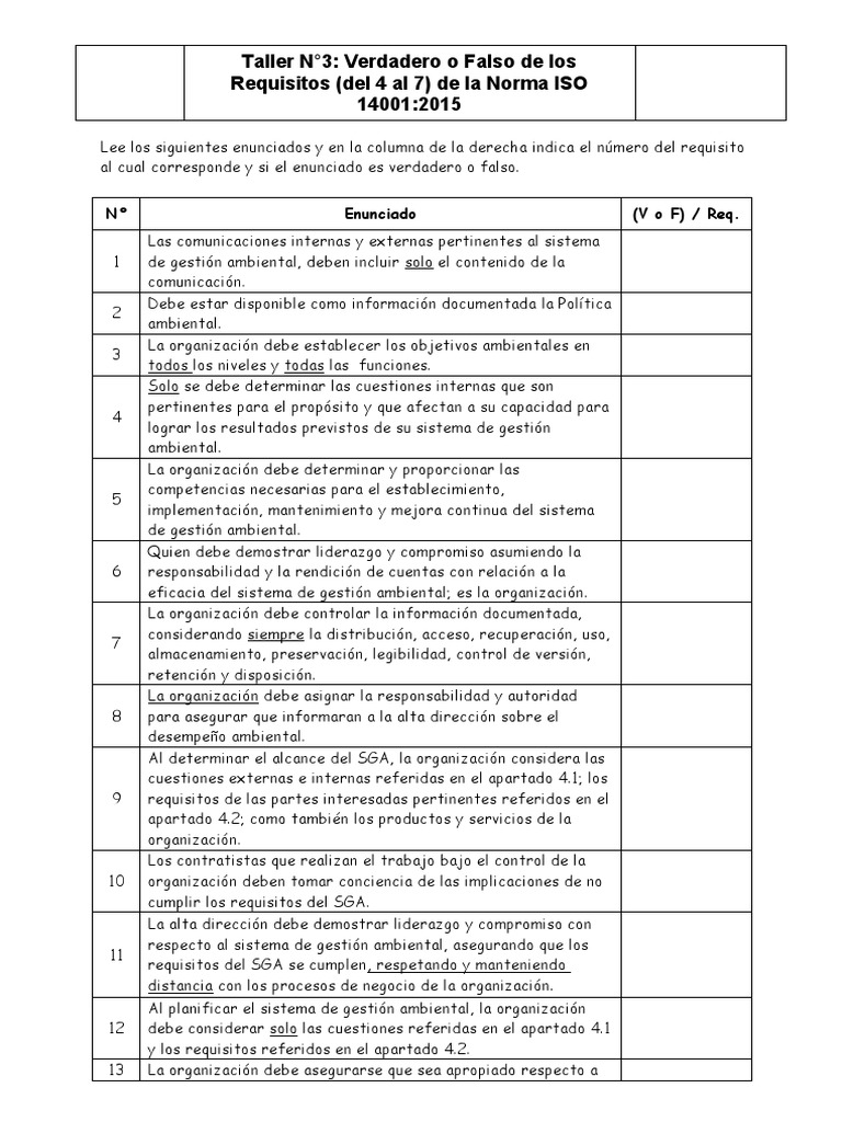 Taller ISO 14001 N°3-Requisitos 4 Al 7 RPTA | PDF | Planificación | Business