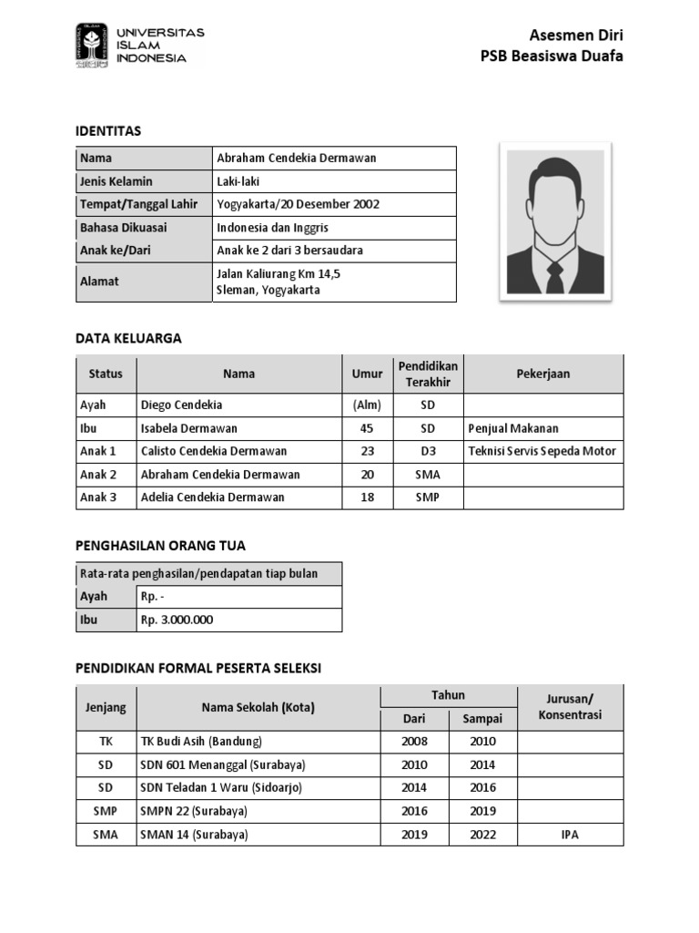Asesmen Diri PSB Beasiswa Duafa | PDF