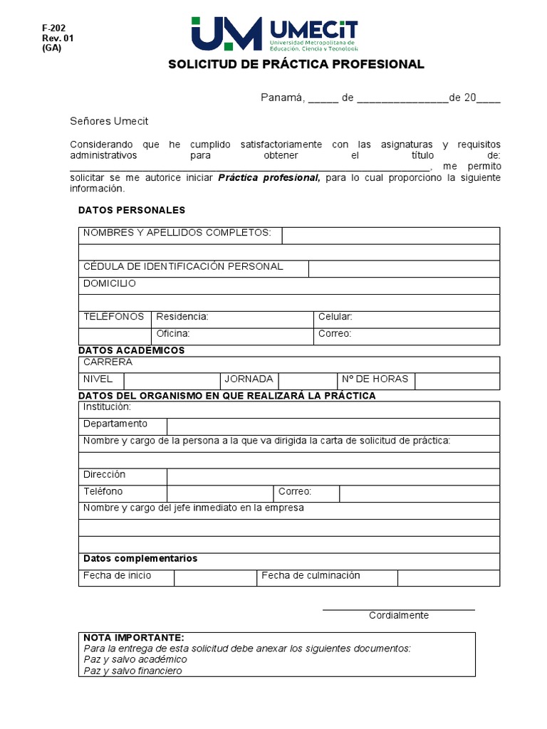 F-202 Solicitud de Práctica Profesional | PDF | Crecimiento personal y ...