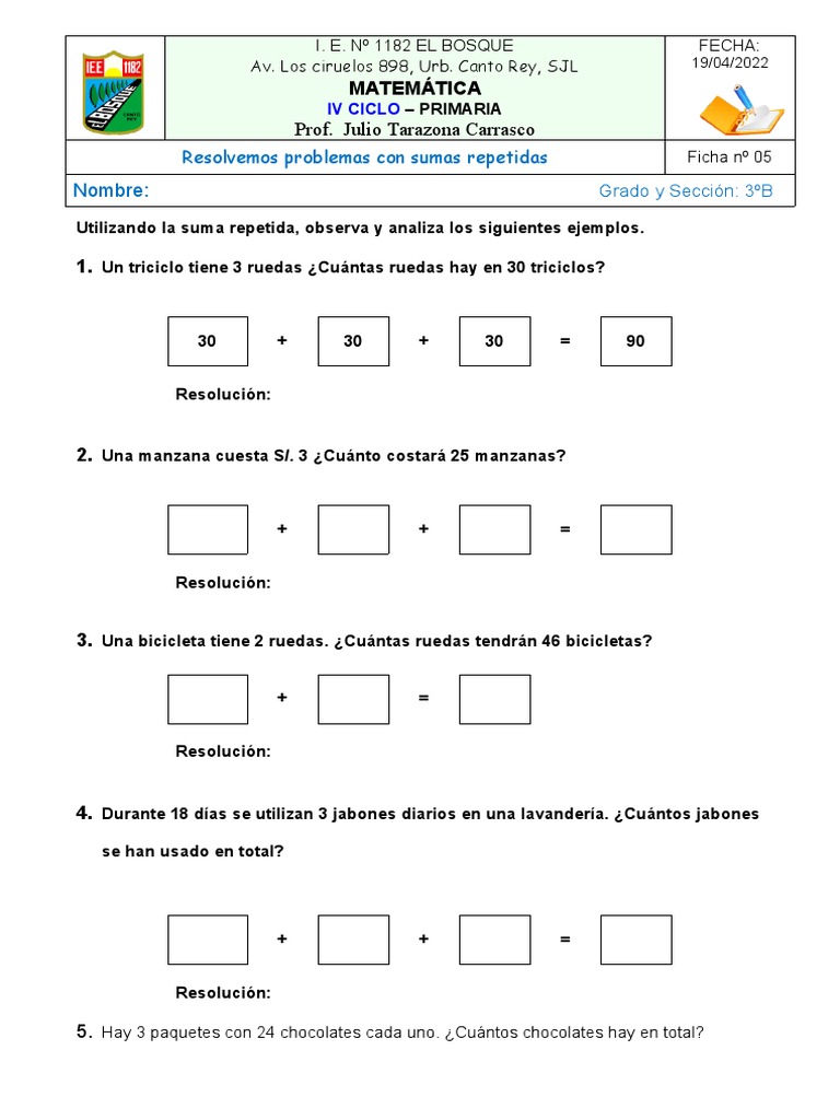 Ficha N° - Problemas de Suma Repetida | PDF