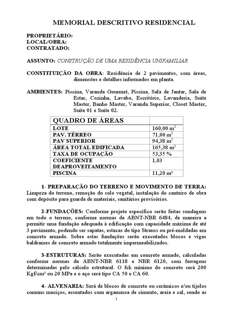 Memorial Descritivo de Residência Unifamiliar | PDF | Argamassa ...