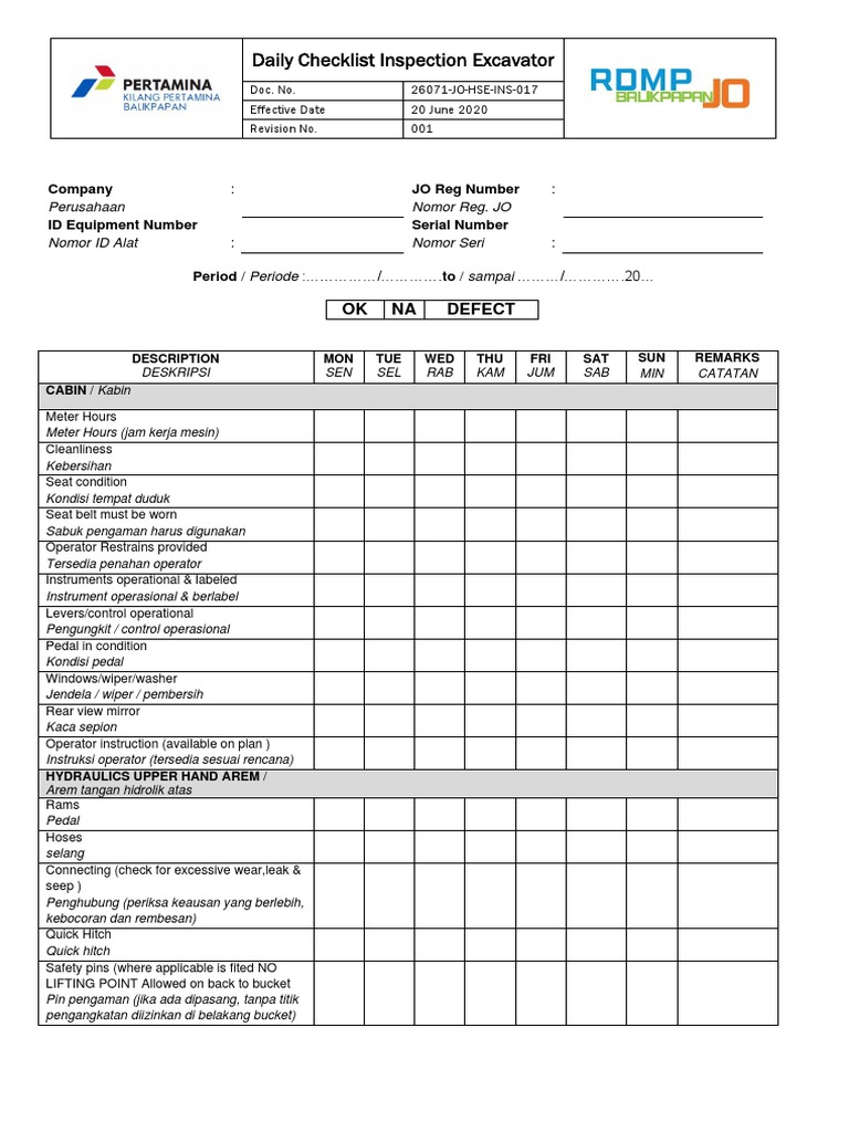 017. Daily Checklist Excavator R.001 | PDF | Manufactured Goods | Vehicles