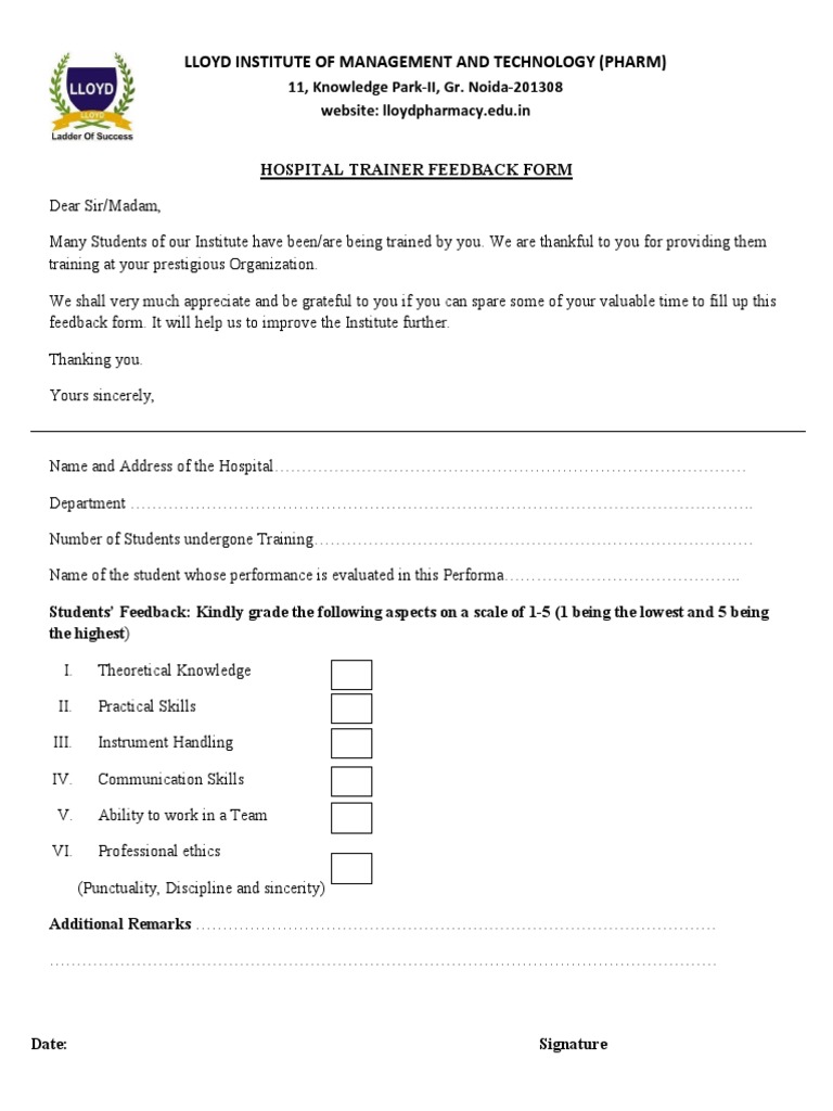 Hospital Training Feedback Form PDF | PDF