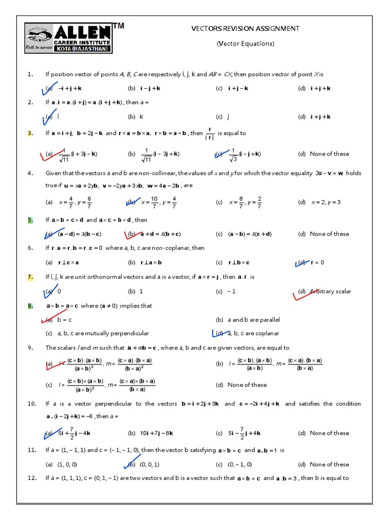 Vectors Revision Assignment - Vector Eq | PDF | Euclidean Vector | Mathematical Physics