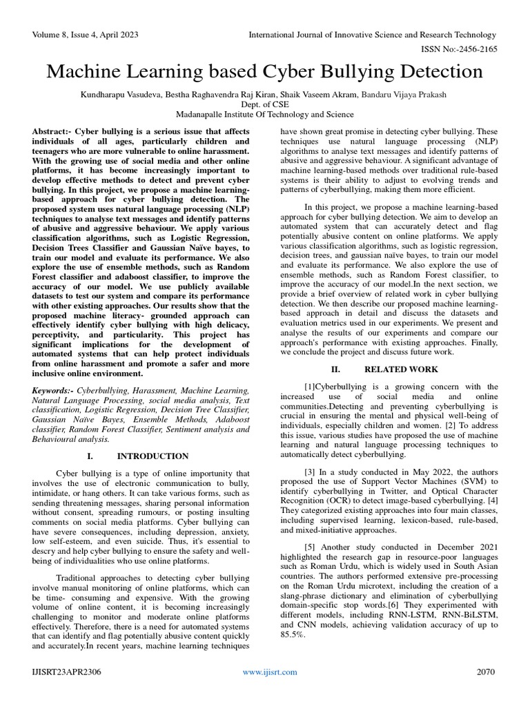 Machine Learning Based Cyber Bullying Detection Pdf Machine