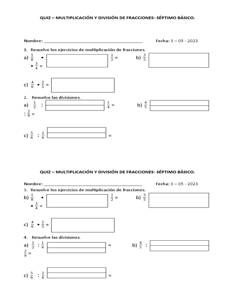 QUIZ Multiplicación y División de Fracciones | PDF
