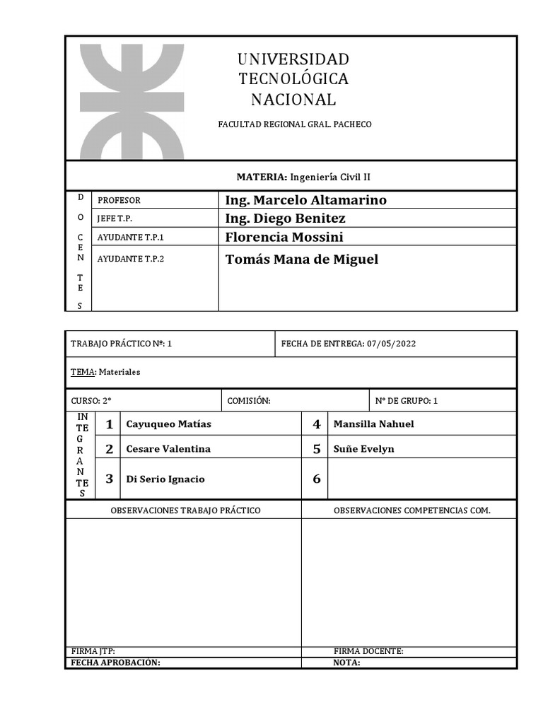 TP N°1 - Materiales G01E04 | PDF | Hormigón | Cemento