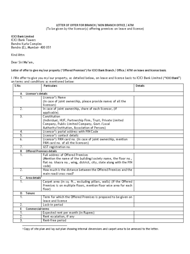 ICICI Bank Premises Offer Letter Template | PDF | License | Lease