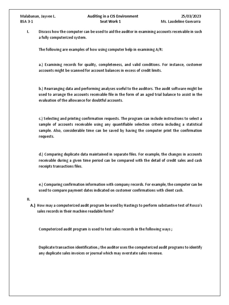 Malabanan, Jayvee L - Seatwork #1 PDF | PDF | Audit | Sampling (Statistics)