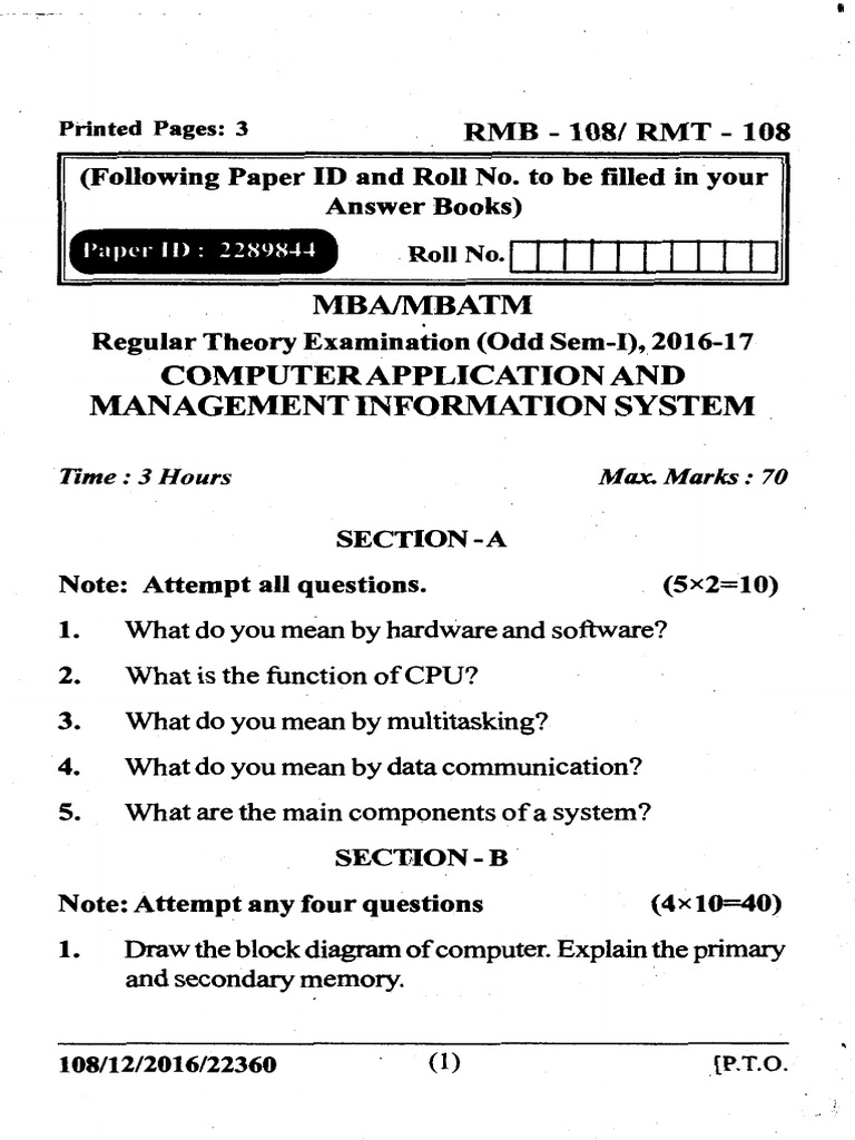 Computer Application and Management Information System RMB 108 RMT 108 ...