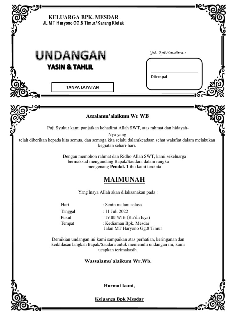 Undangan Tahlil 7 Hari Meninggal | PDF