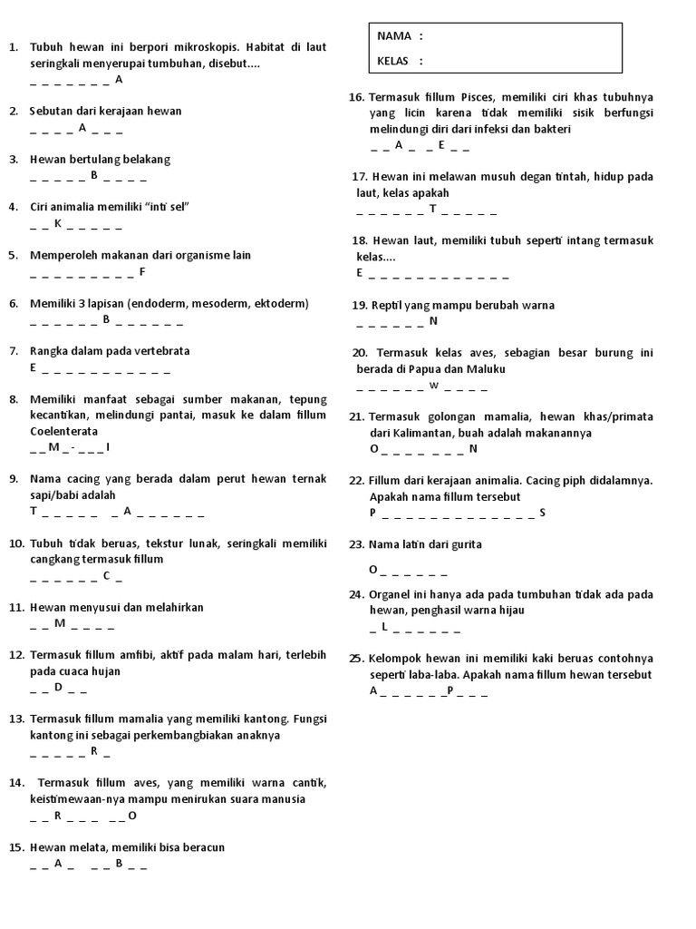 Quiz Bab Animalia Kelas X - Yenni | PDF