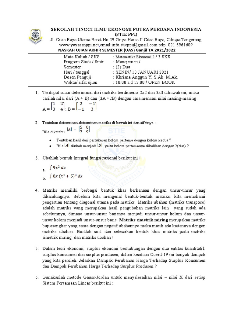 Soal Uas MTK 2122 Ganjil | PDF