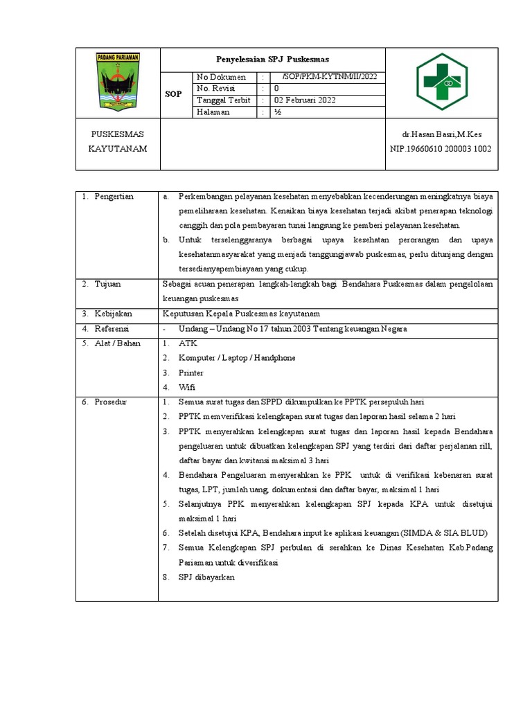 SOP Penyelesaian SPJ Puskesmas Kayutanam | PDF | Hukum