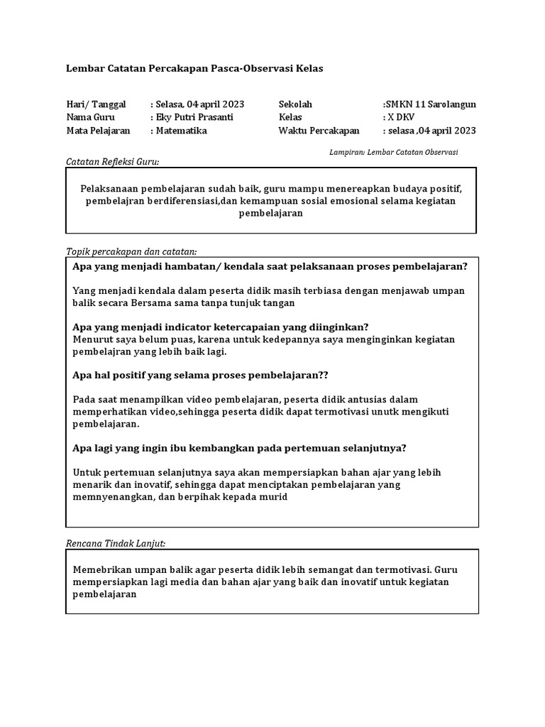 3 - Lembar Catatan Percakapan Pasca-Observasi Kelas | PDF