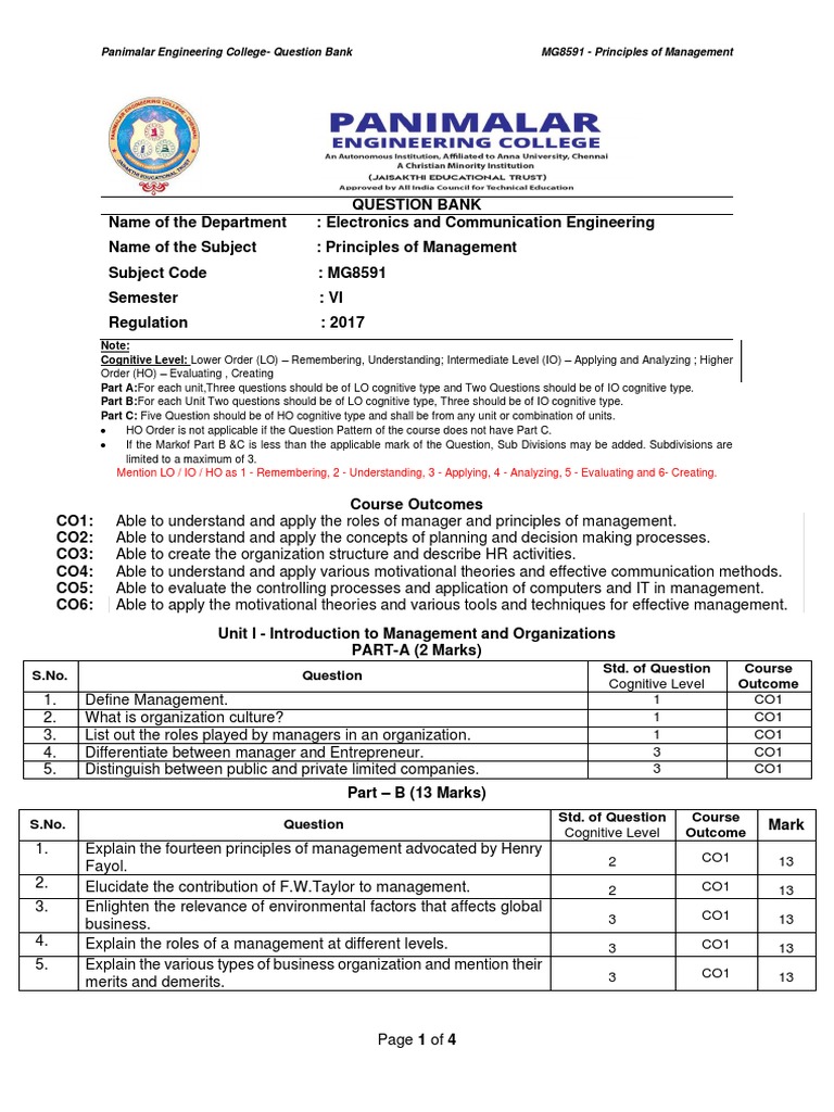 MG8591-POM-Panimalar-Question Bank Format-ECE-Final | PDF | Decision Making | Leadership