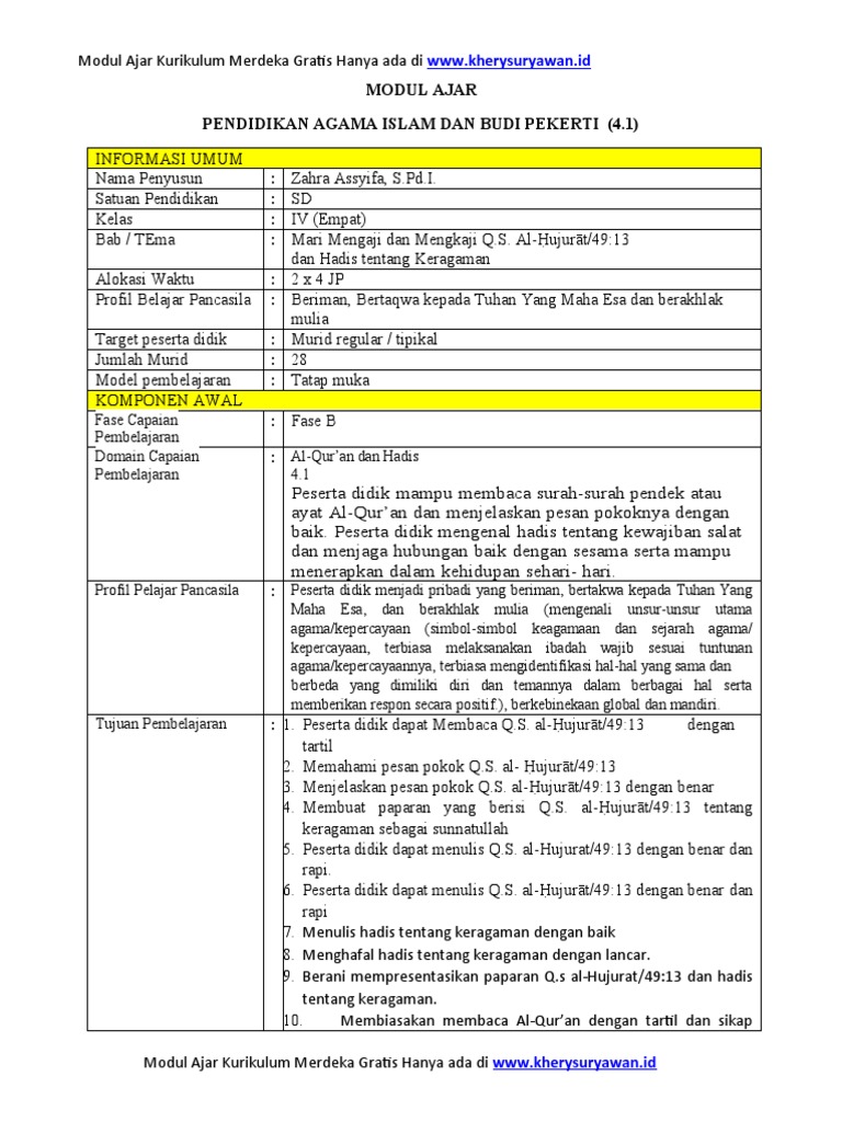 Modul Ajar Pai 4 1 Semester 1 Www Kherysuryawan Id Pdf